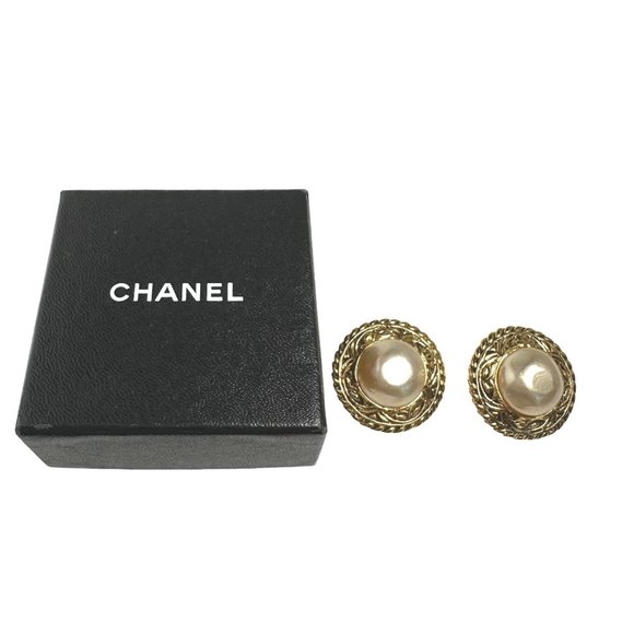 CHANEL | Jewelry | Chanel Fake Pearl Engraved Gp Gold Earrings | Poshmark